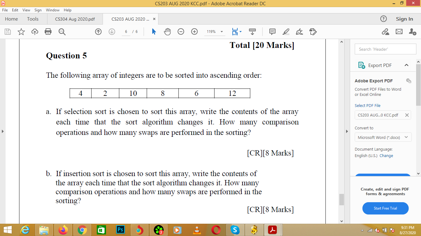 Solved CS203 AUG 2020 KCC.pdf - Adobe Acrobat Reader DC File | Chegg.com
