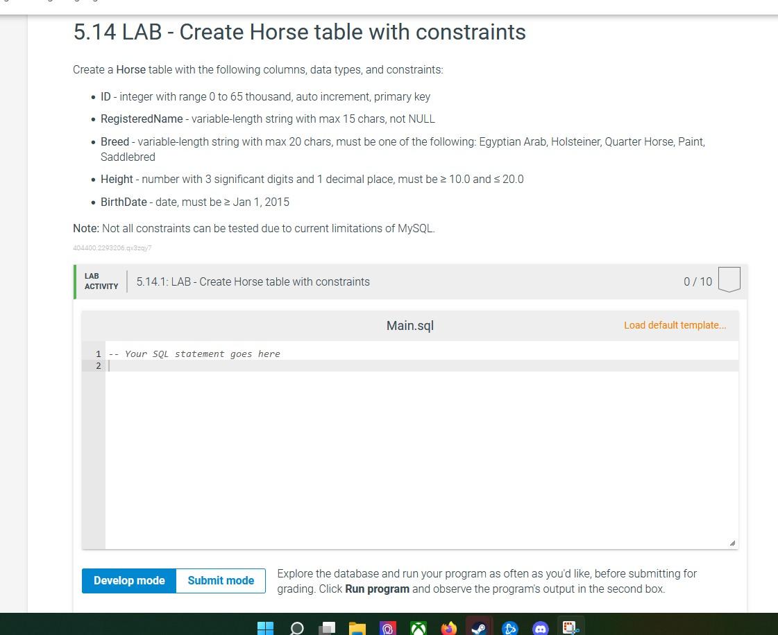 Solved 5.14 LAB - Create Horse table with constraints Create | Chegg.com
