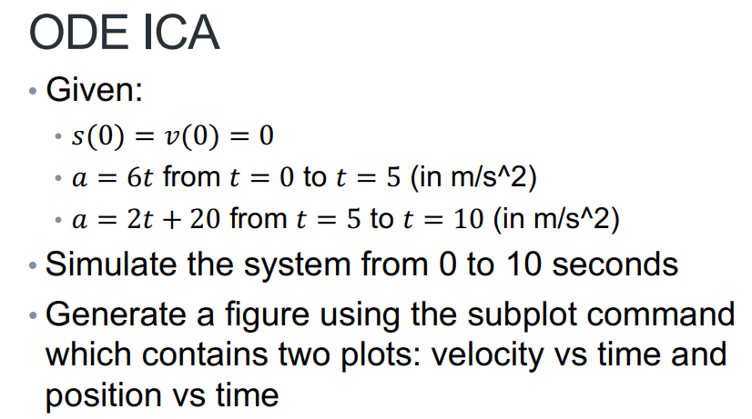 Solved ODE ICA - Given: - s(0)=v(0)=0 - a=6t from t=0 to t=5 | Chegg.com