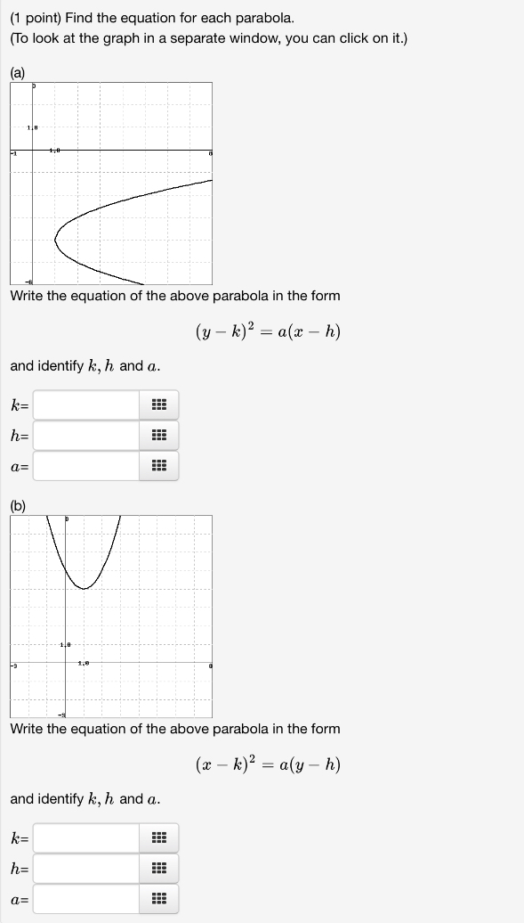 Solved (1 ﻿point) ﻿Find the equation for each parabola.(To | Chegg.com
