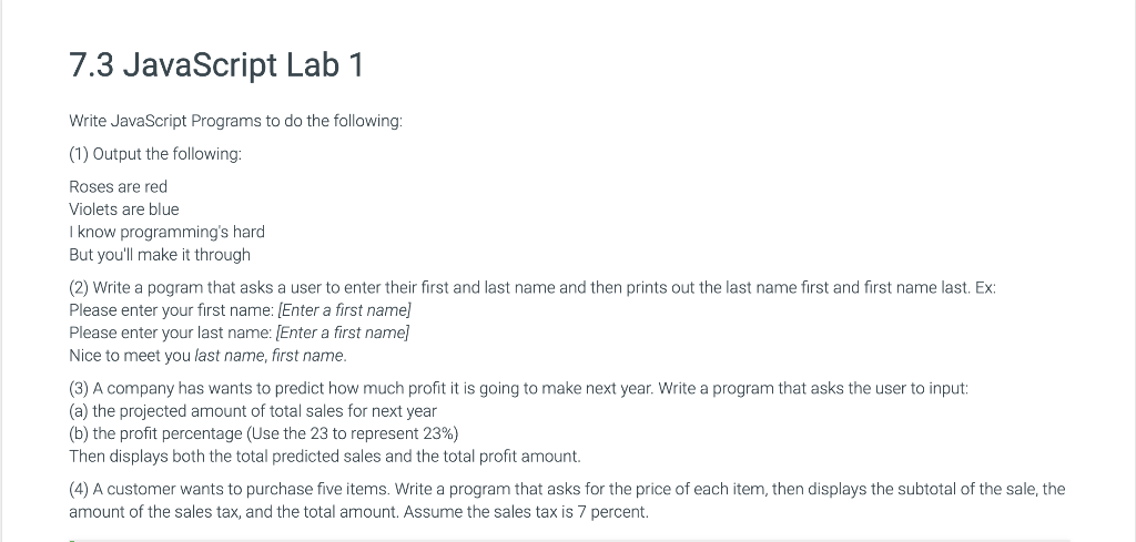 Solved 7.3 JavaScript Lab 1 Write JavaScript Programs to do | Chegg.com