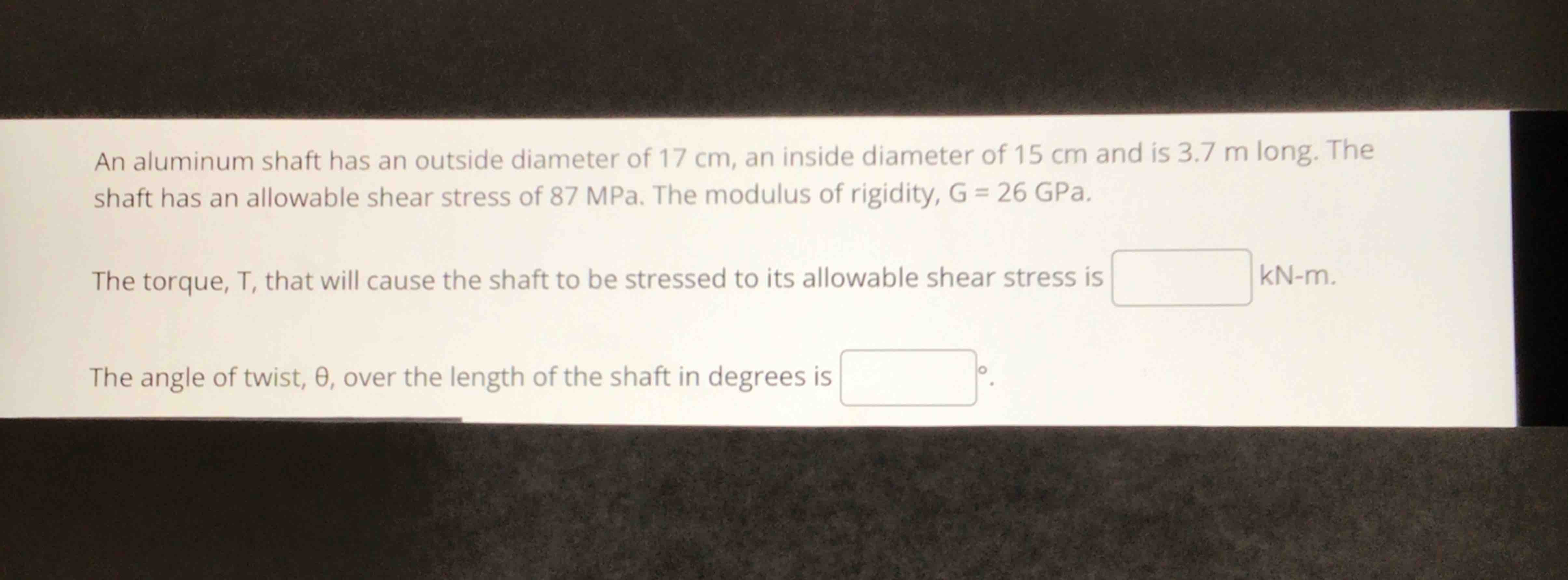 Solved An aluminum shaft has an outside diameter of 17cm, | Chegg.com
