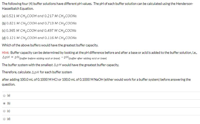 Solved The following four (4) buffer solutions have | Chegg.com