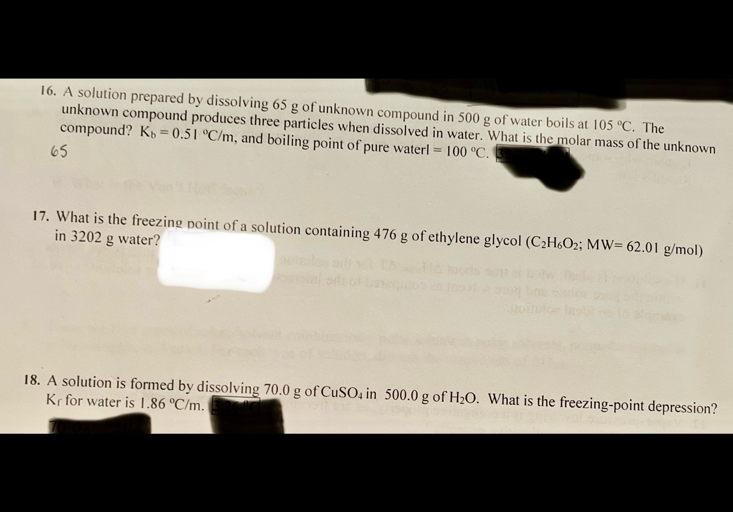 Solved A solution prepared by dissolving 65g ﻿of unknown | Chegg.com