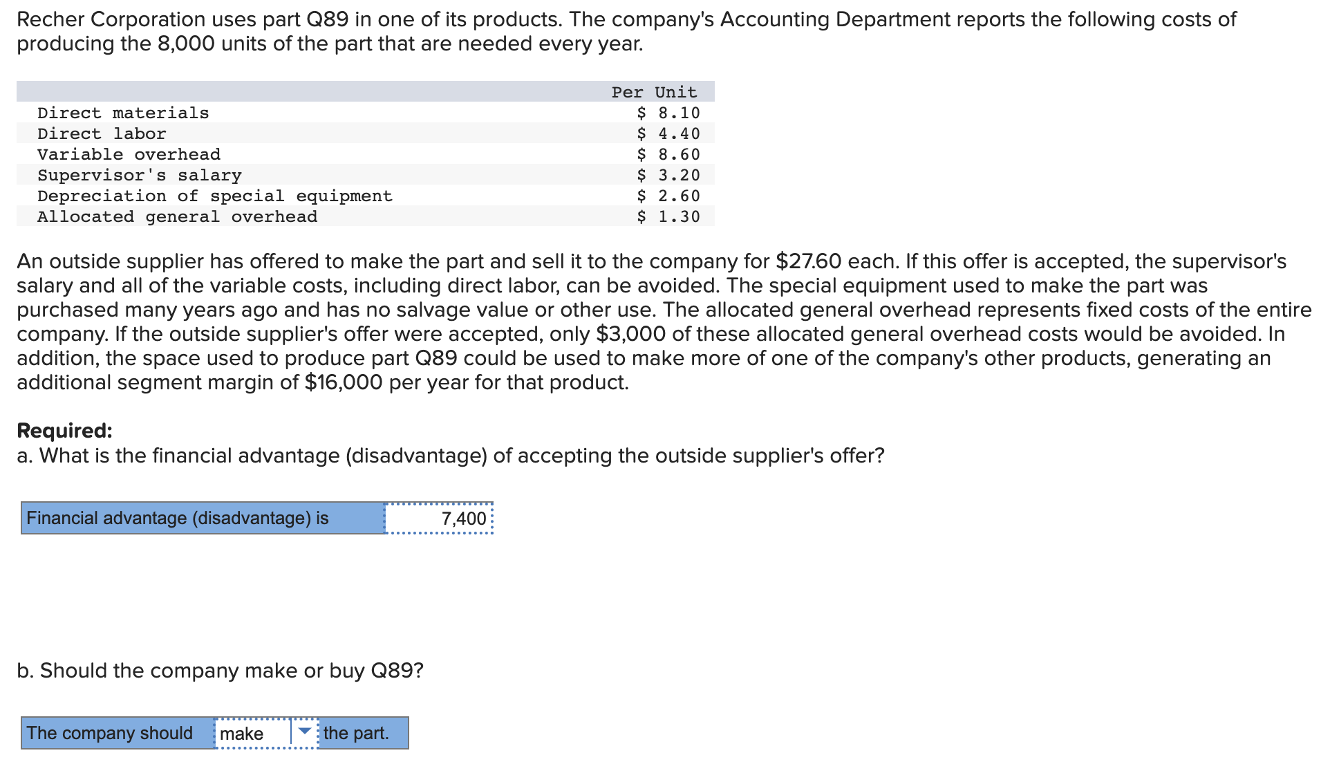 Solved Recher Corporation uses part Q89 in one of its | Chegg.com