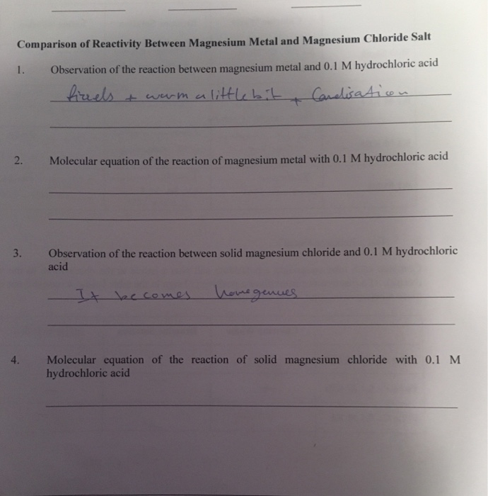Solved Comparison of Reactivity Between Magnesium Metal and | Chegg.com