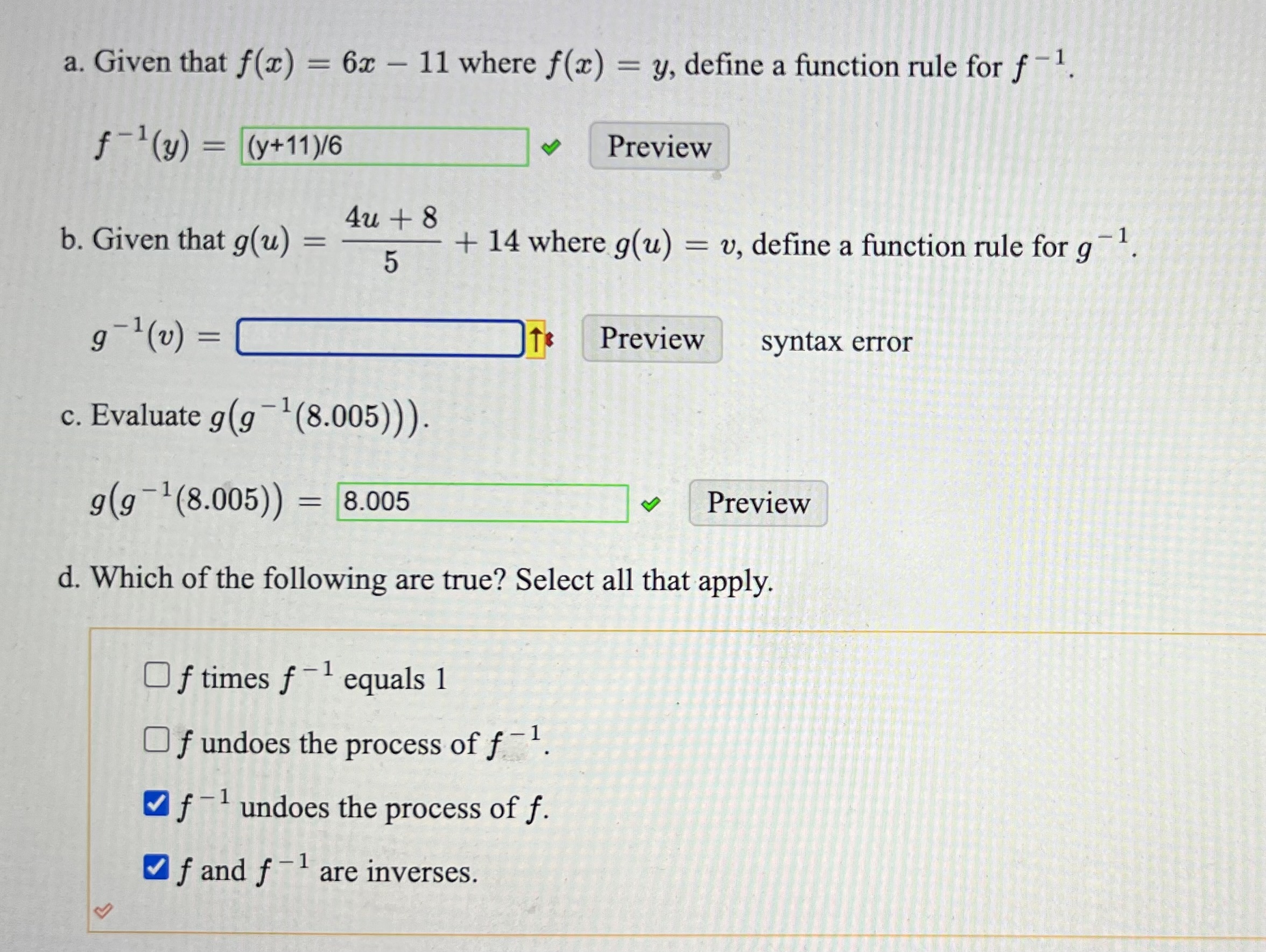 Solved a. Given that f(x)=6x−11 where f(x)=y, define a | Chegg.com