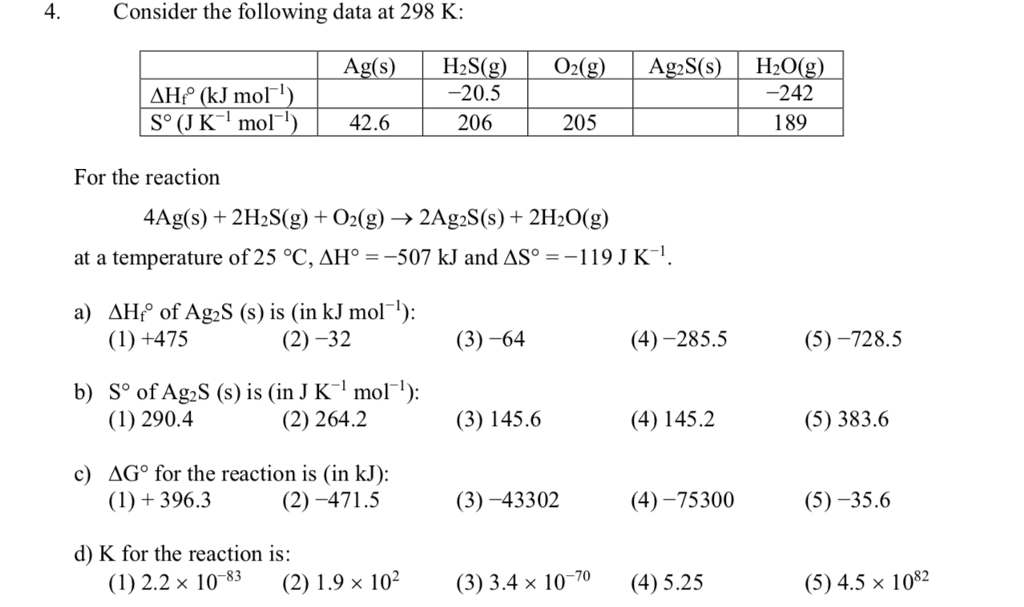Solved 4. Consider the following data at 298 K: H2S( 20.5 | Chegg.com