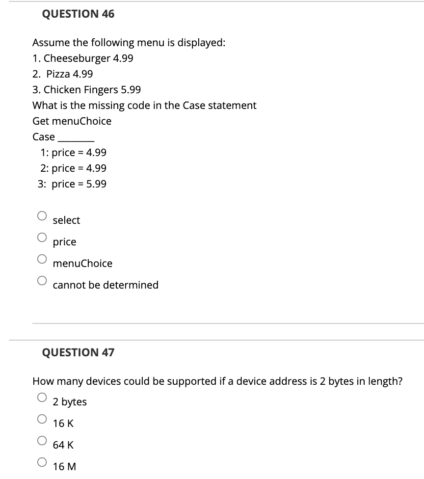 Solved QUESTION 46 Assume the following menu is displayed: | Chegg.com