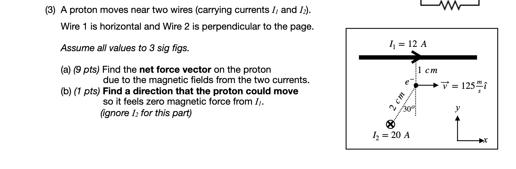 Solved (3) A proton moves near two wires (carrying currents | Chegg.com