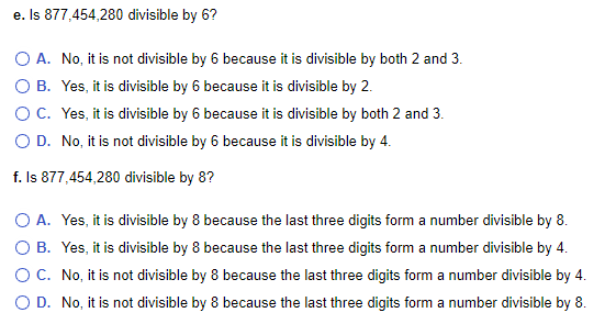 Solved e. Is 877,454,280 divisible by 6 ? A. No, it is not | Chegg.com