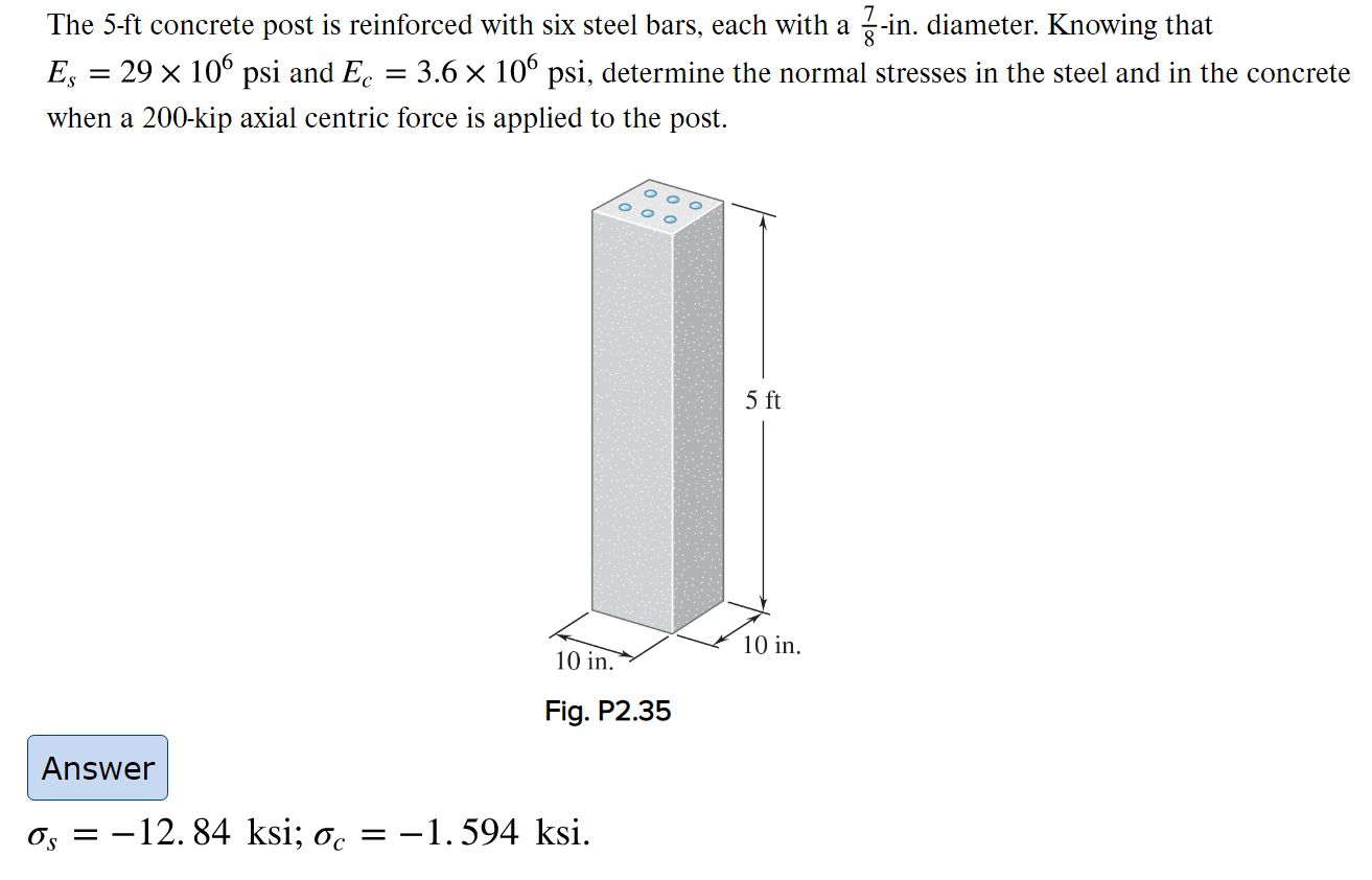 Solved The 5 -ft concrete post is reinforced with six steel | Chegg.com