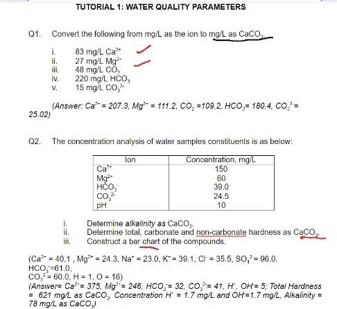 Solved TUTORIAL 1: WATER QUALITY PARAMETERS Q1. Convert the | Chegg.com