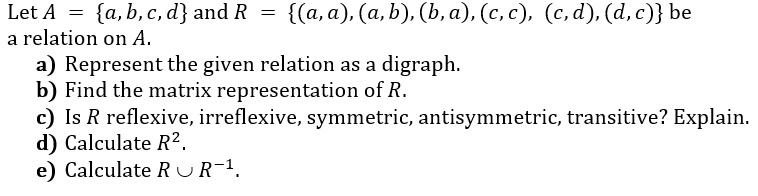 Solved Let A {a,b,c,d} and R {(a, a),(a,b), (b, a),(c,c), | Chegg.com