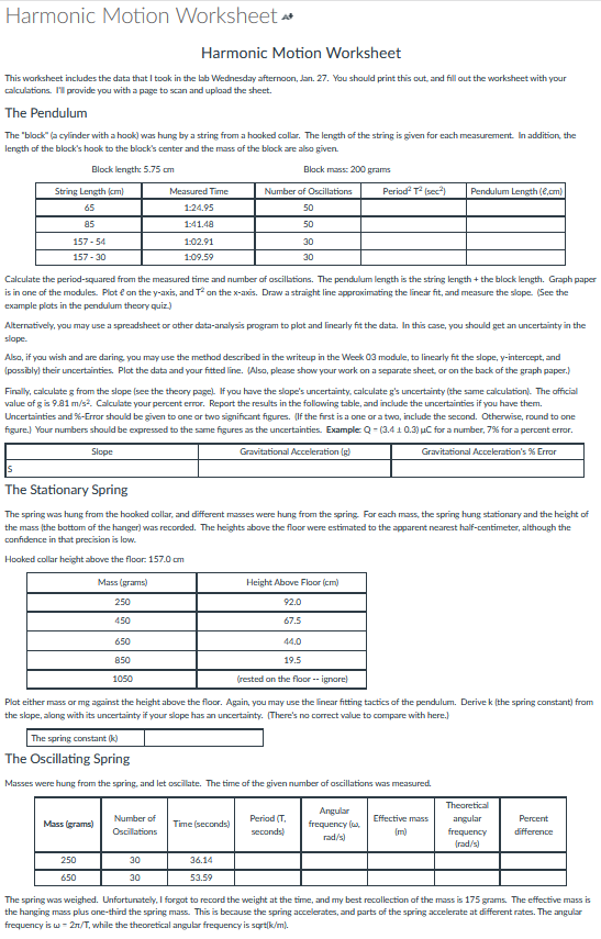 Solved 65 50 as Harmonic Motion Worksheet * Harmonic Motion | Chegg.com