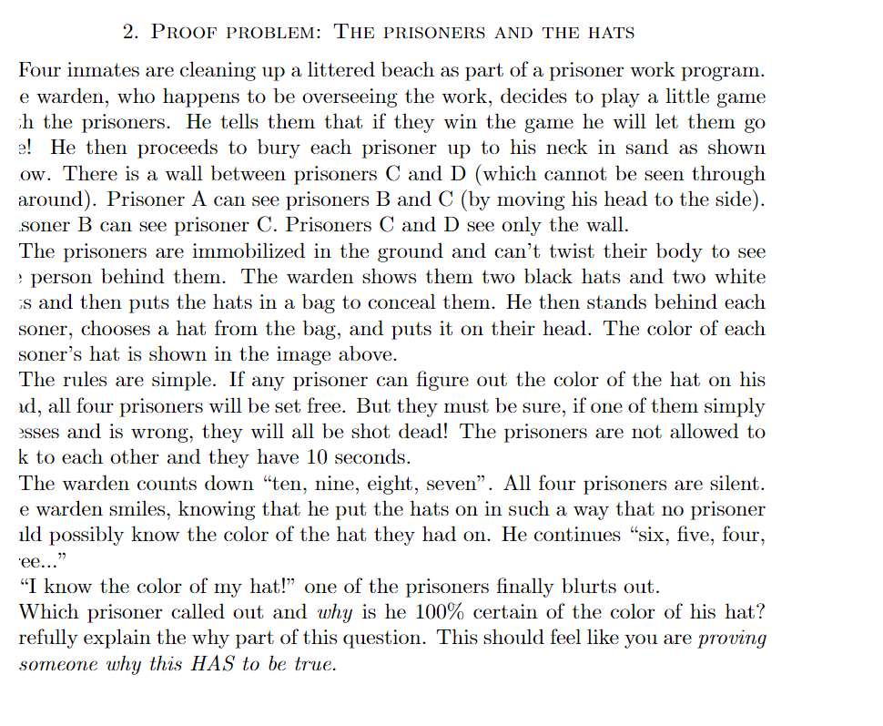 Solved 2. PROOF PROBLEM: THE PRISONERS AND THE HATS Four | Chegg.com