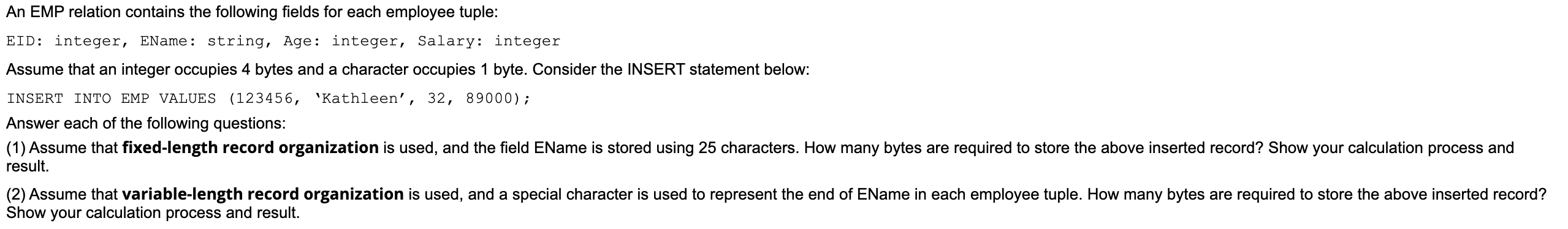 Solved An EMP relation contains the following fields for | Chegg.com