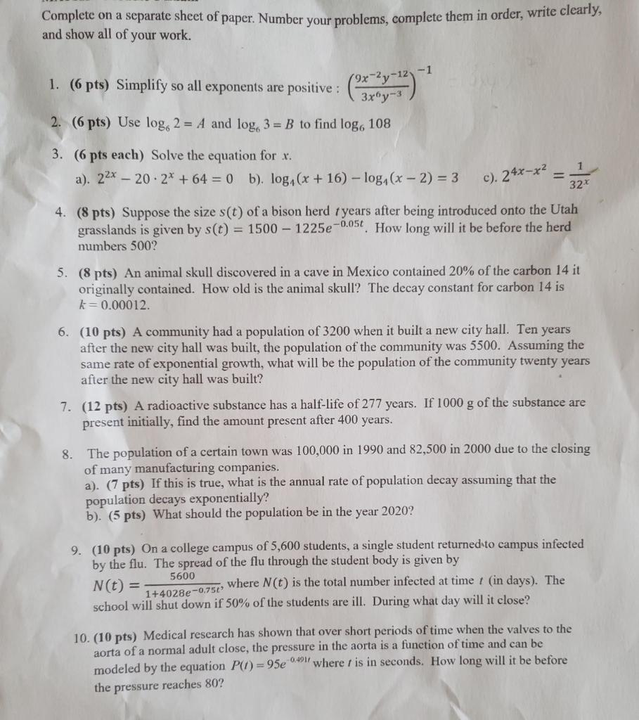 Solved Complete on a separate sheet of paper. Number your | Chegg.com