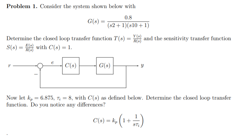 Solved Problem 1. Consider the system shown below with G(s) | Chegg.com