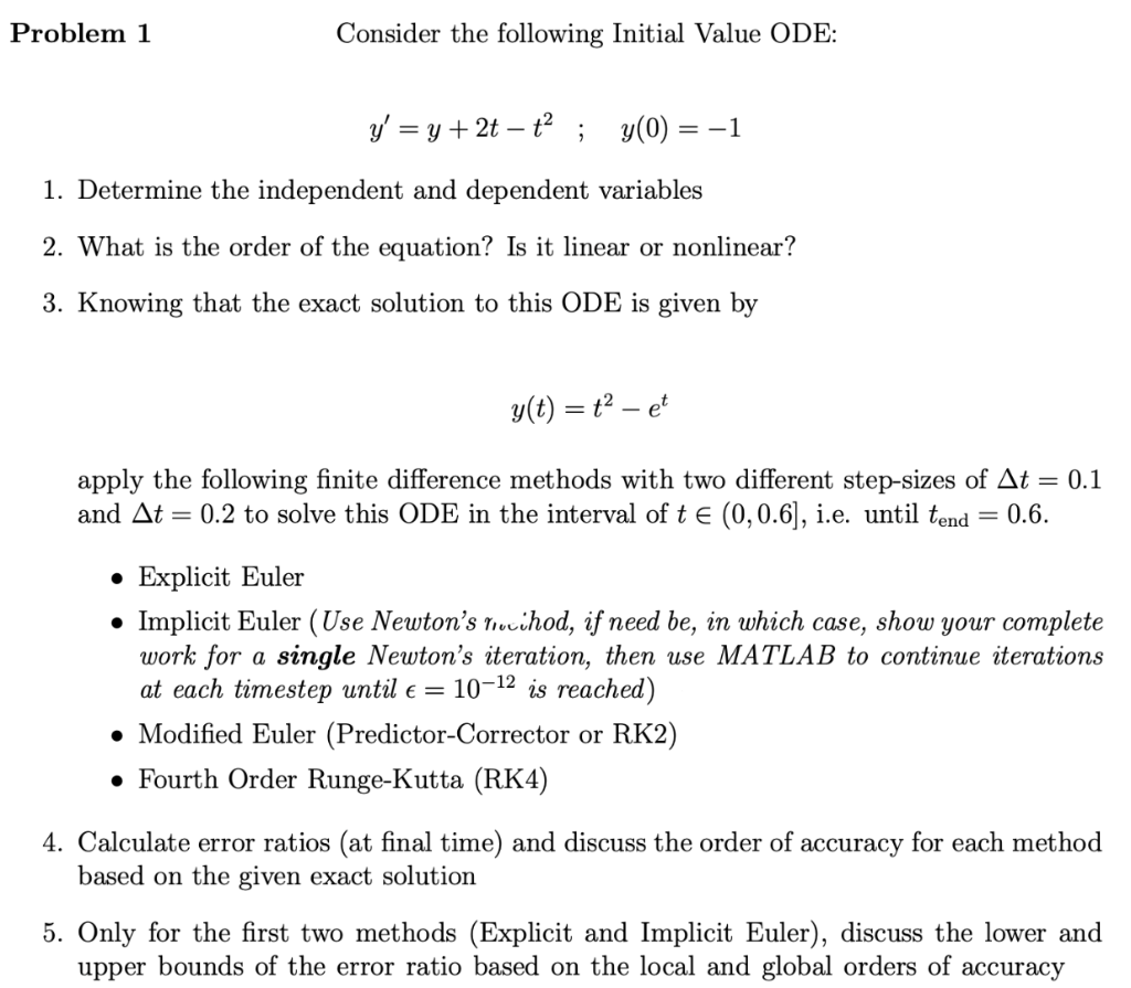 Solved Problem 1 Consider the following Initial Value ODE: | Chegg.com