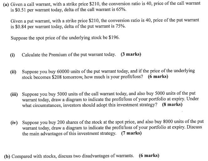 Solved (a) Given a call warrant, with a strike price $210, | Chegg.com