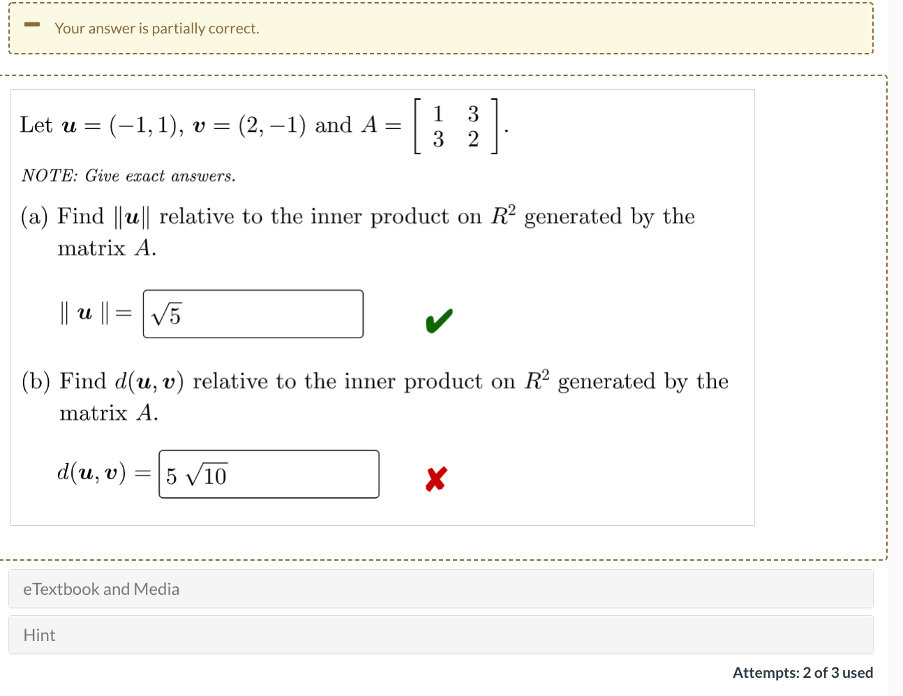 Solved Your answer is partially correct. Let u = = (−1, 1), | Chegg.com