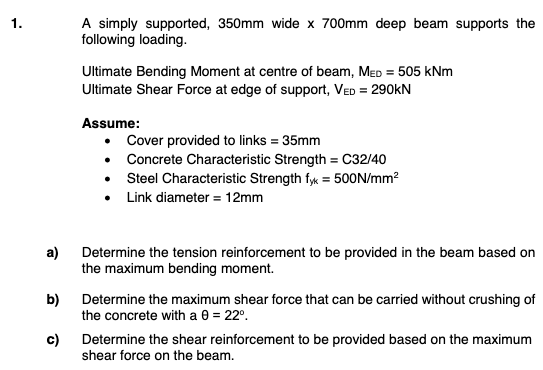 Solved 1. A simply supported, 350mm wide x 700mm deep beam | Chegg.com