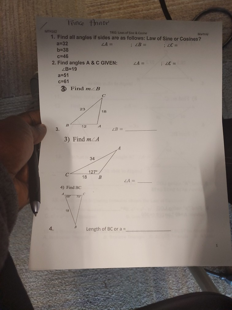 Solved Prince Annor MTH162 TRIG: Laws of Sine & Cosine | Chegg.com