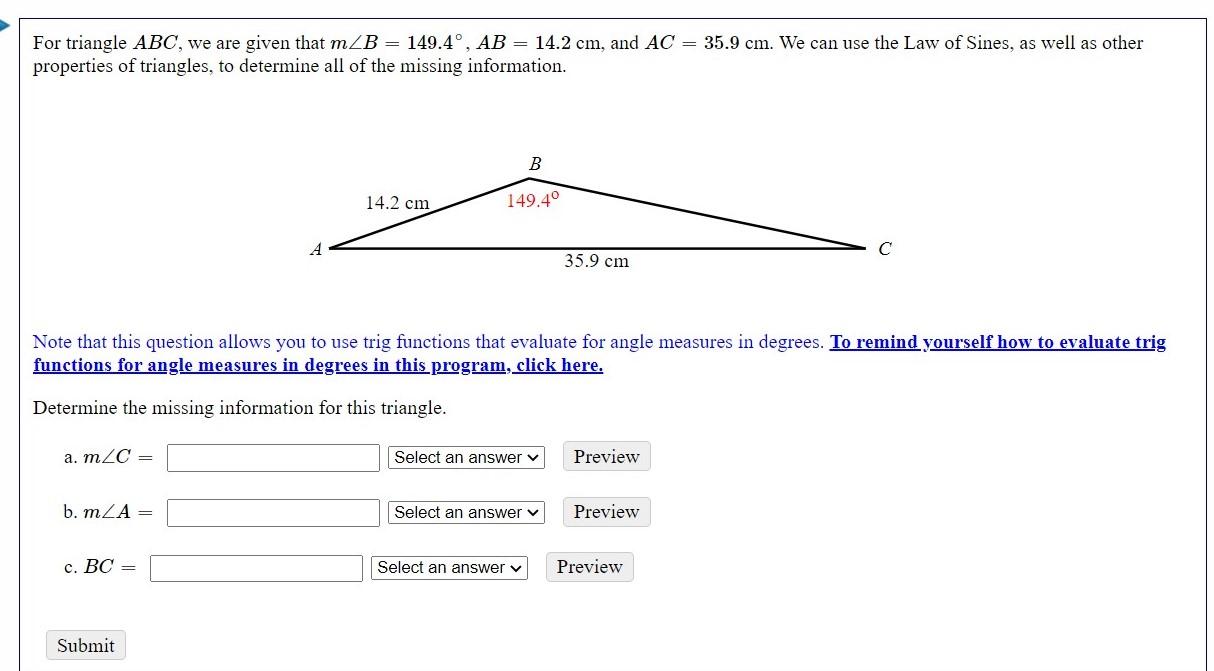 Solved For triangle ABC, we are given that | Chegg.com