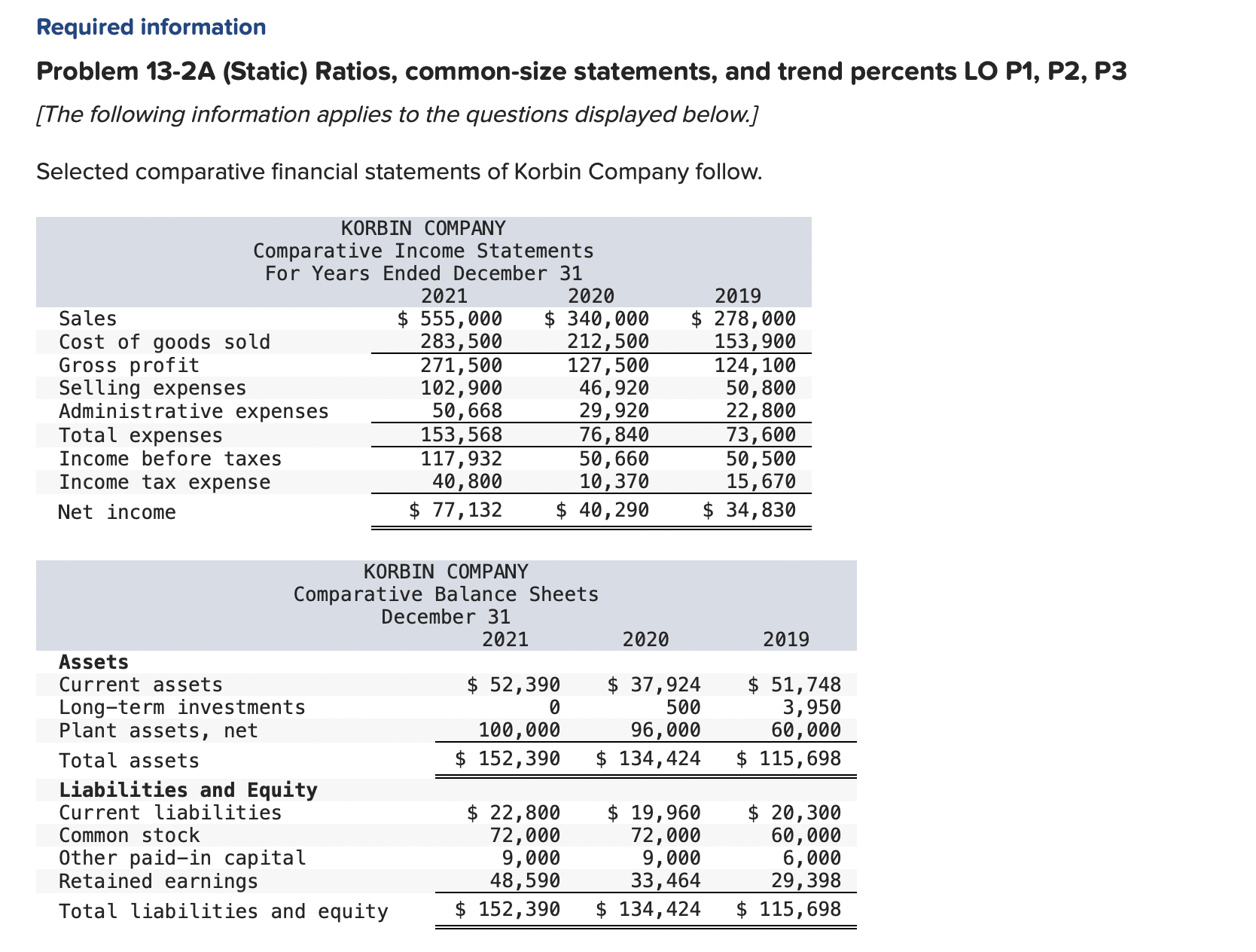 Solved Problem 13-2A (Static) Ratios, common-size | Chegg.com