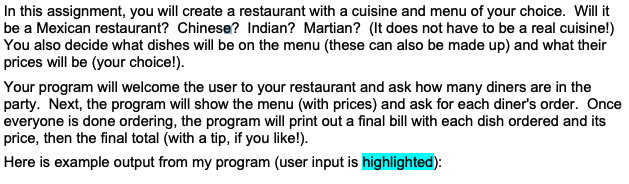 Solved In this assignment, you will create a restaurant with | Chegg.com
