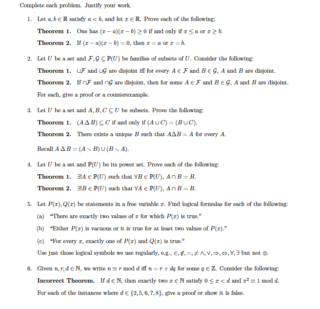 Solved Complete each problem. Justify your work. Let a' b є | Chegg.com