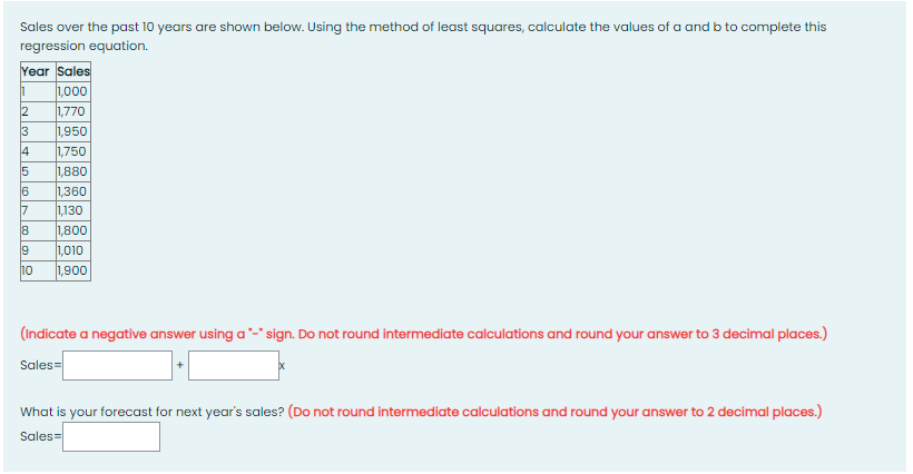 Solved Sales over the past 10 years are shown below. Using | Chegg.com