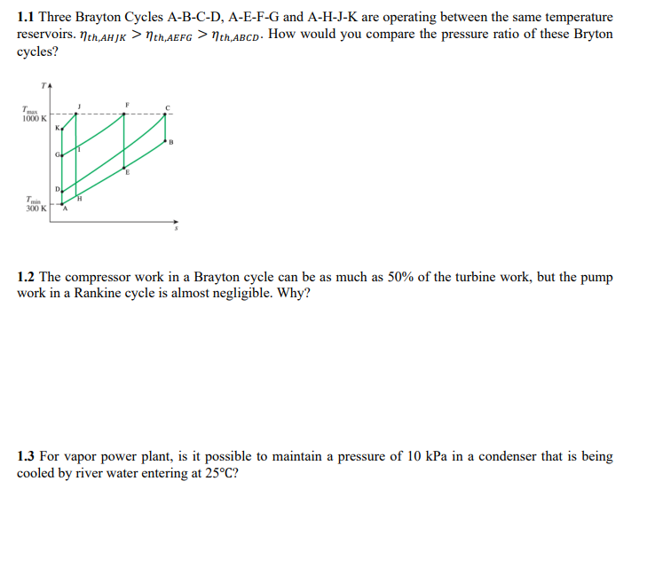 Solved 1.1 Three Brayton Cycles A-B-C-D, A-E-F-G and A-H-J-K | Chegg.com