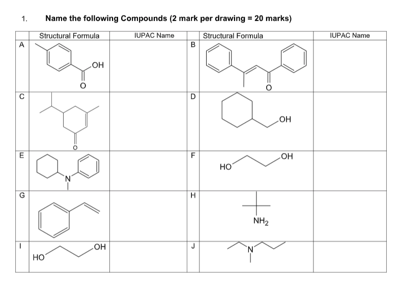Solved 1. Name the following Compounds (2 mark per drawing = | Chegg.com