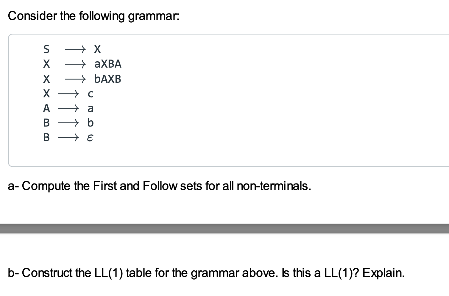 Solved Consider the following grammar: X aXBA bAXB sxxxABB S | Chegg.com
