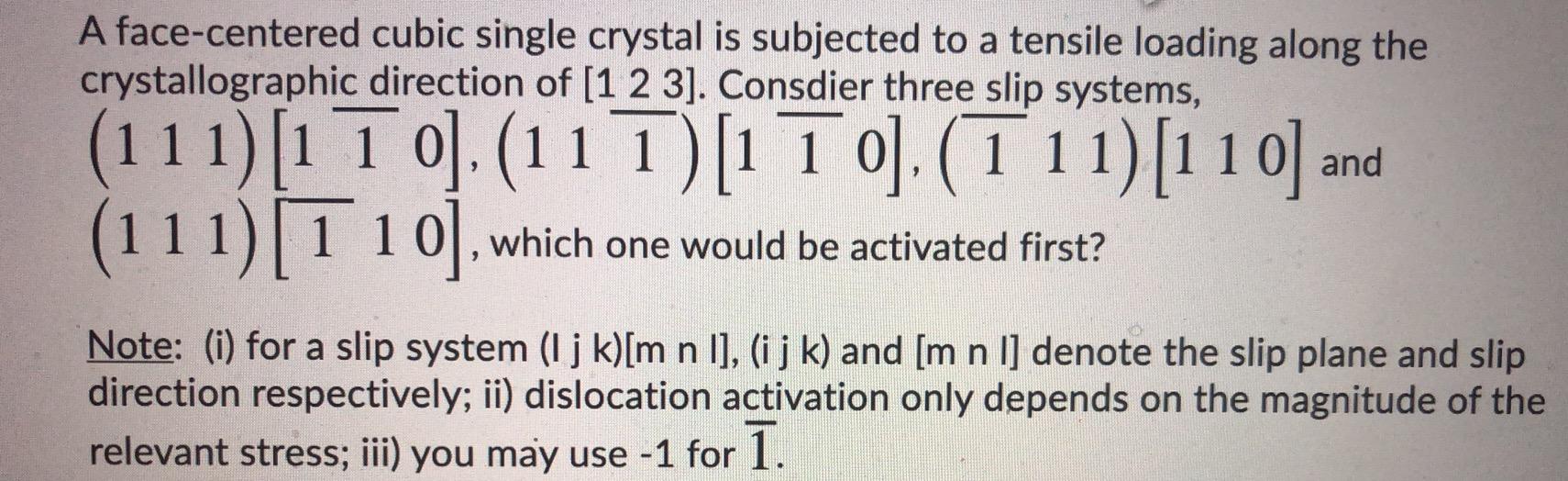 Solved A face-centered cubic single crystal is subjected to | Chegg.com