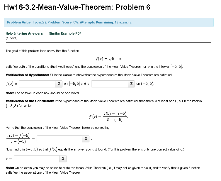 Solved Hw16-3.2-Mean-Value-Theorem: Problem 6 Problem Value: | Chegg.com
