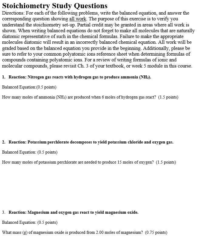 Solved Stoichiometry Study Questions Directions: For each of | Chegg.com