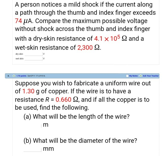 Solved A person notices a mild shock if the current along a | Chegg.com