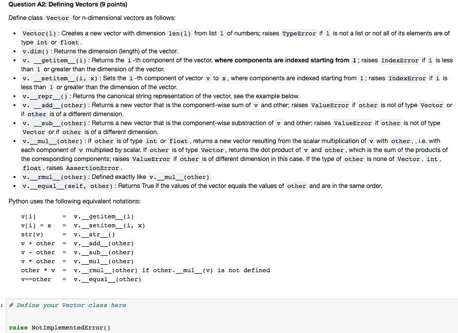 Solved Question A2: Defining Vectors (9 points) Define class | Chegg.com