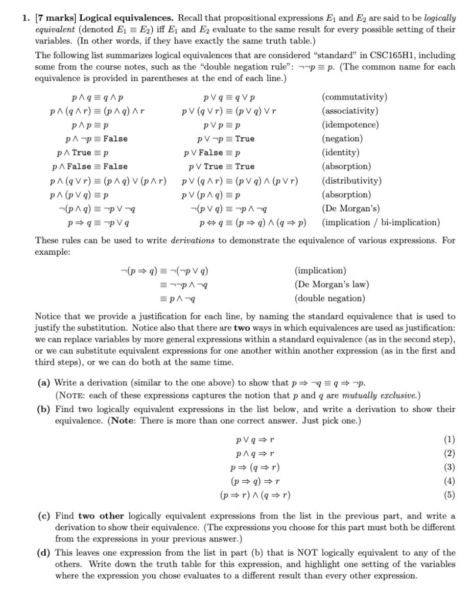 Solved 1. [7 marks] Logical equivalences. Recall that | Chegg.com
