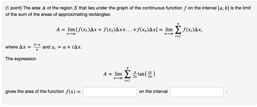 Solved (1 point) The area 𝐴 of the region 𝑆 that lies | Chegg.com