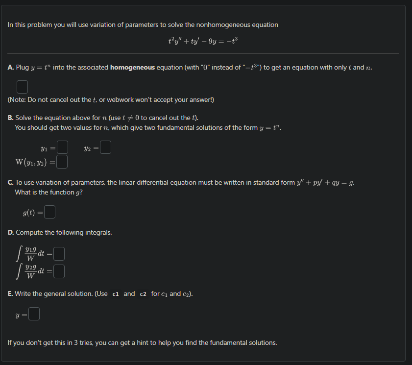 Solved t2y′′+ty′−9y=−t3 A. Plug y=tn into the associated | Chegg.com