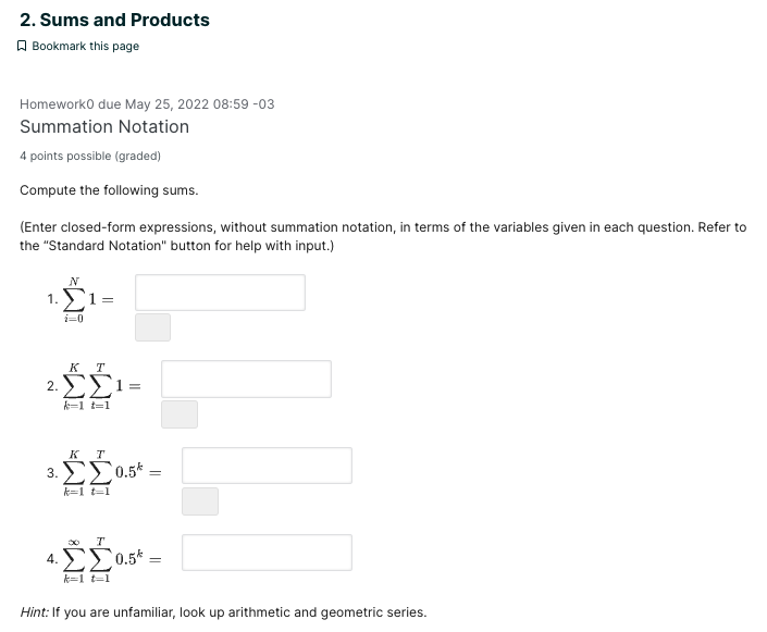 Solved 2. Sums and Products Bookmark this page HomeworkO due | Chegg.com