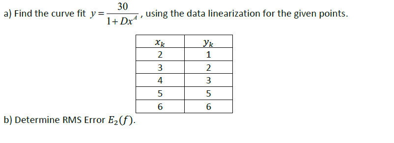 Solved a) Find the curve fit y 30 1+ Drs. Using the data | Chegg.com