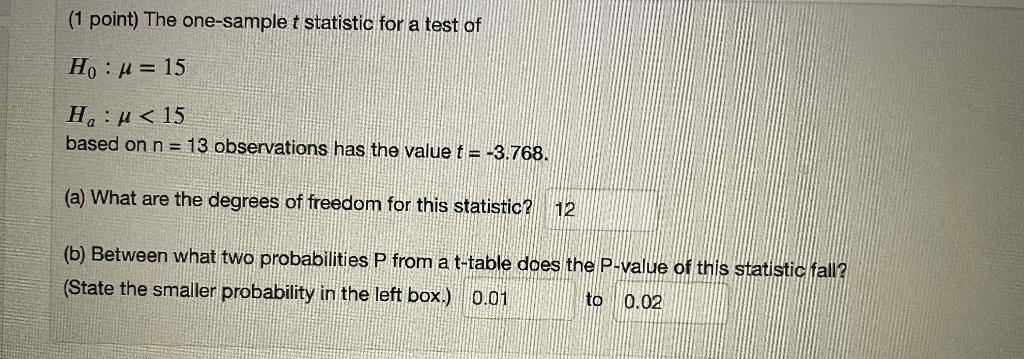 Solved (1 point) The one-sample t statistic for a test of | Chegg.com