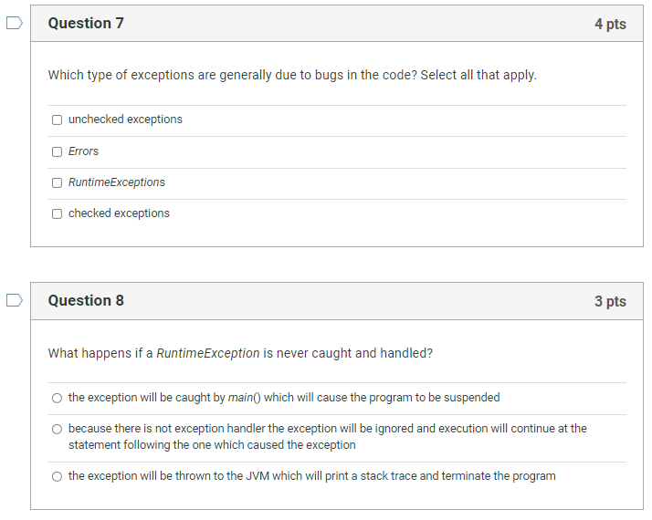 Solved D. Question 5 3 pts Which type of uncaught exceptions | Chegg.com