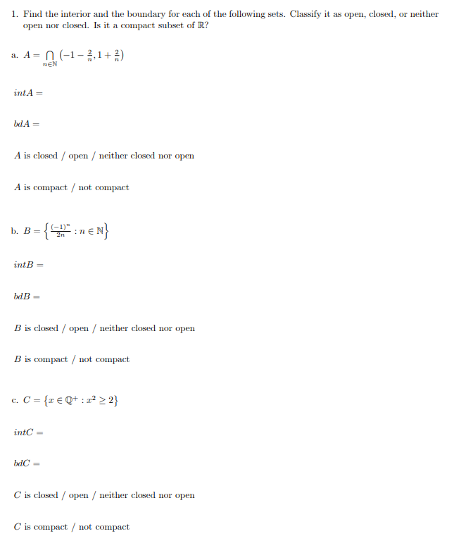 Solved 1. Find the interior and the boundary for each of the | Chegg.com