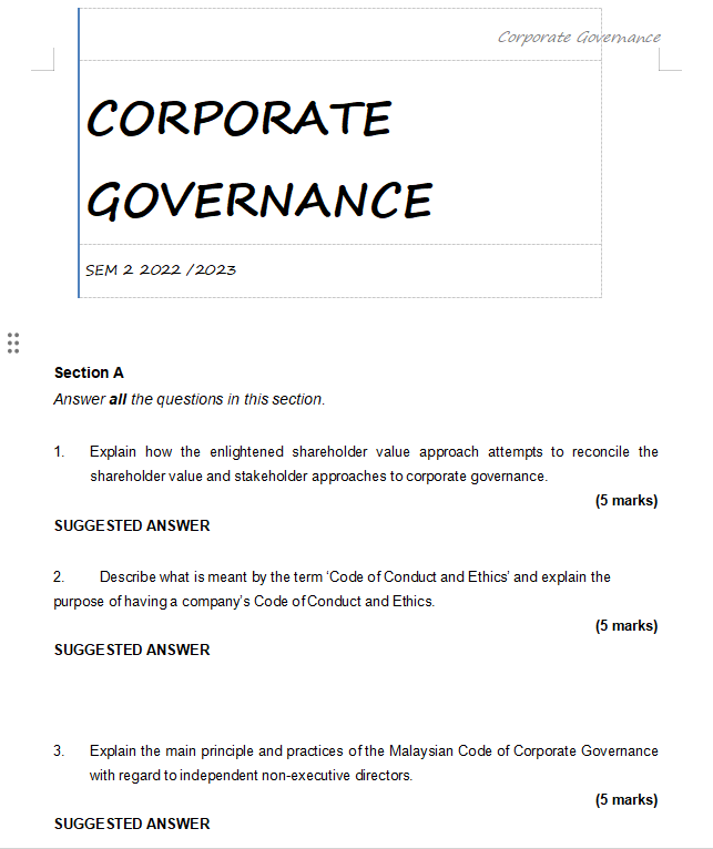 Solved CORPORATEGOVERNANCESEM 220222023Section AAnswer all | Chegg.com